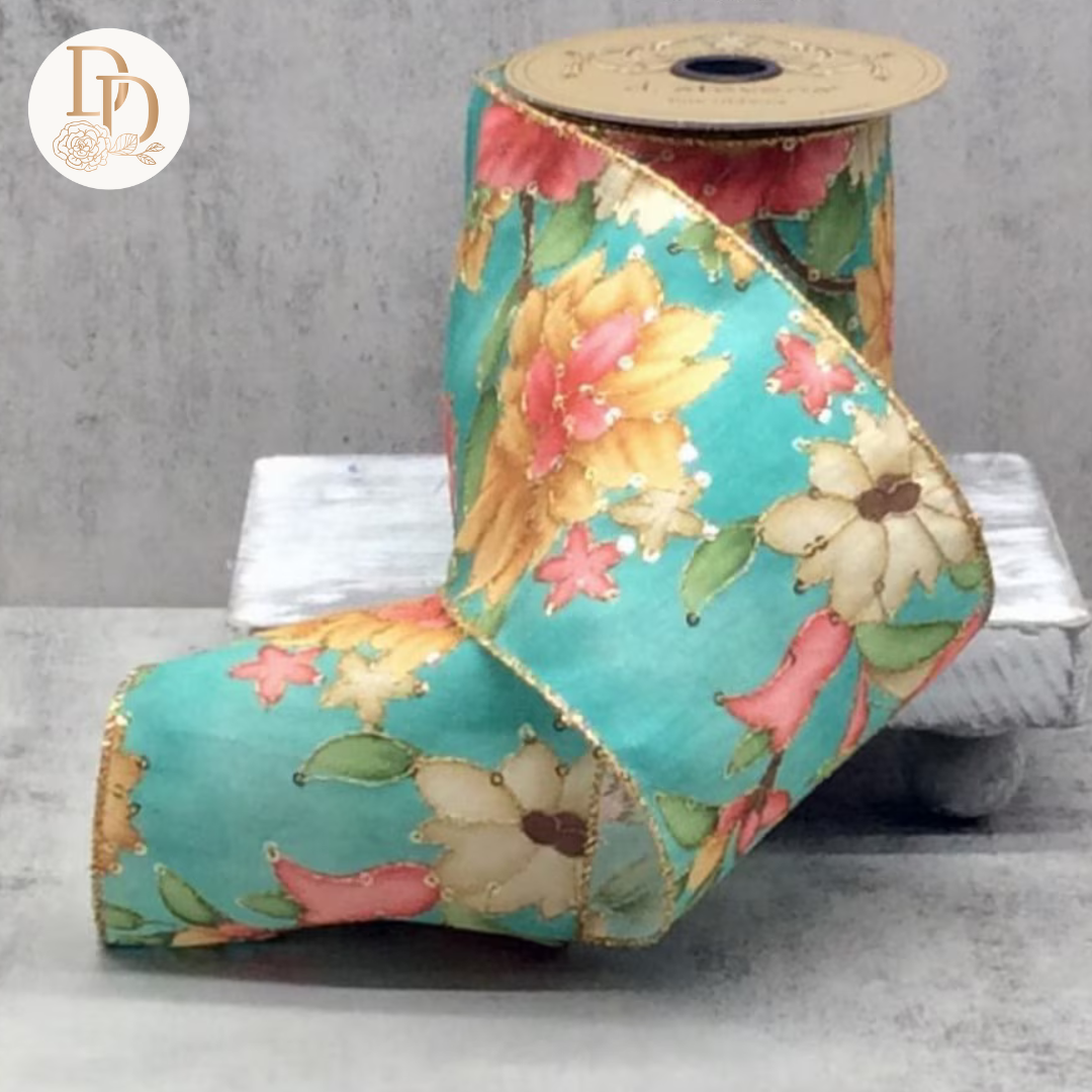 4" Green | Coral | Teal | Sequin Desert Botanical | Dupioni Ribbon- 5 ...
