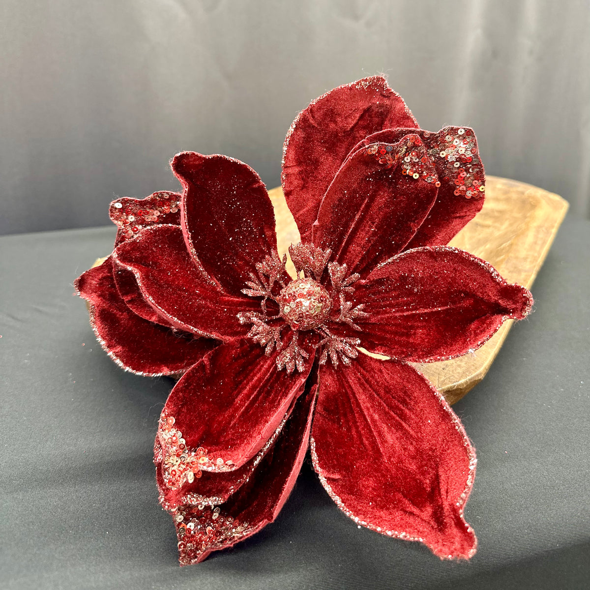 24" GLITTER TIP/VEIN VELVET MAGNOLIA STEM BURGUNDY GOLD– Design Decor ...